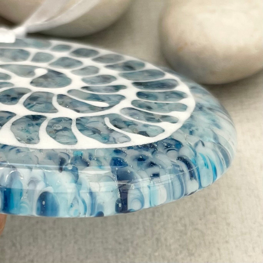 Fused glass ammonite window hanger, made with reclaimed glass